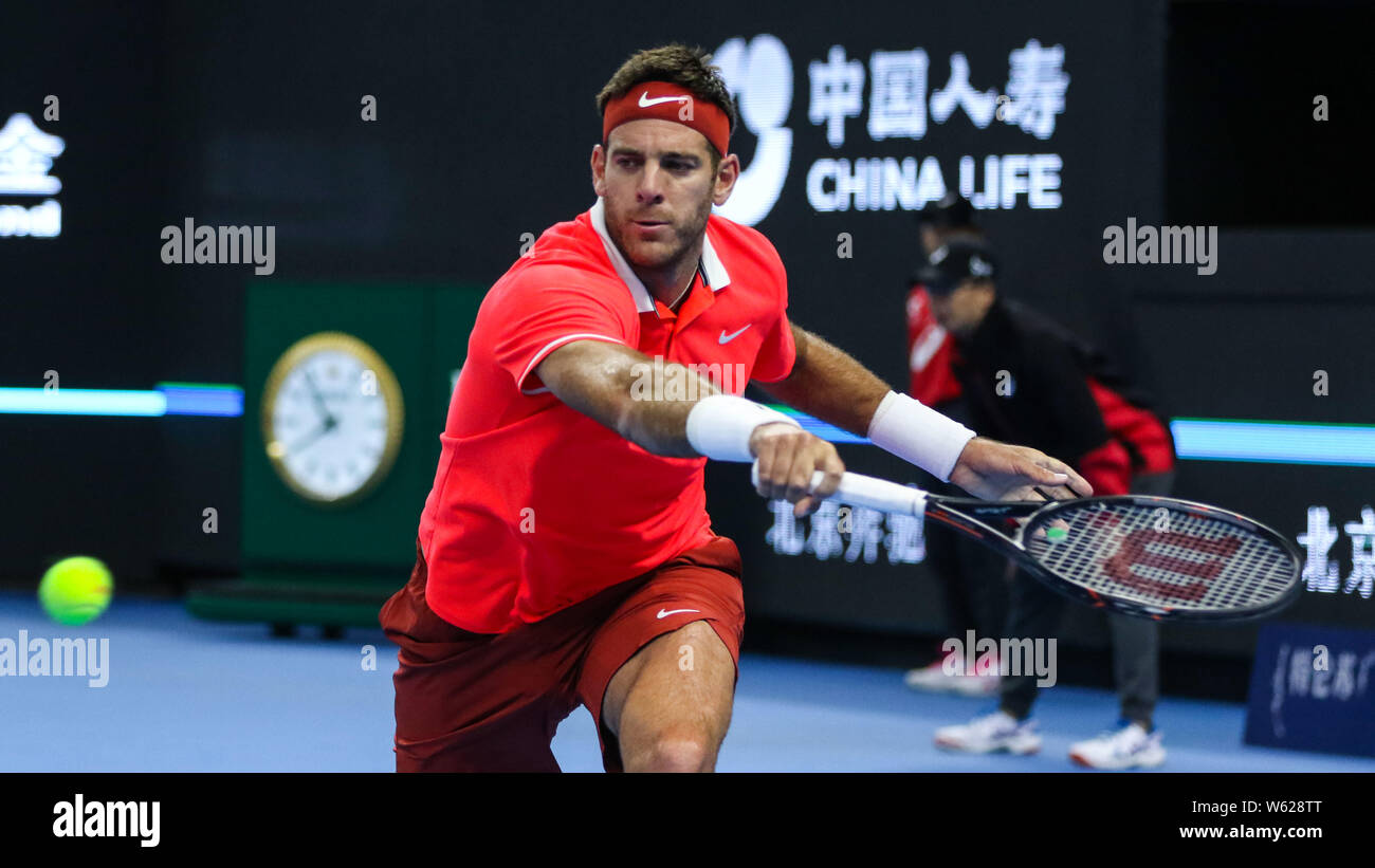 Juan Martin Del Potro of Argentina returns a shot to Nikoloz ...
