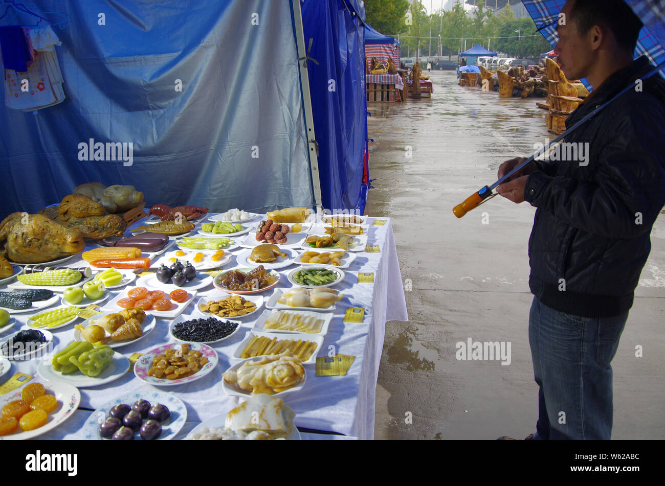 Various rare stones in the shape of Chinese dishes are on display at ...