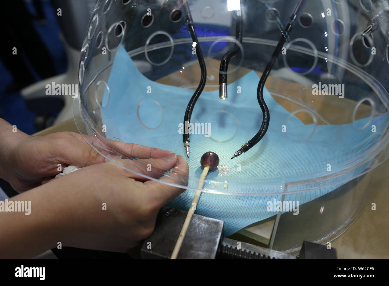 Members of the press look at a porotic laparoscopic surgery robot ...