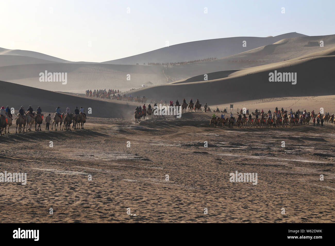Tourists ride camels in the Gobi desert in the Crescent Moon Lake ...