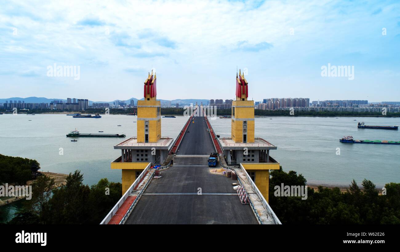 Aerial view of the 70-meter-high bridgehead of the Nanjing Yangtze ...
