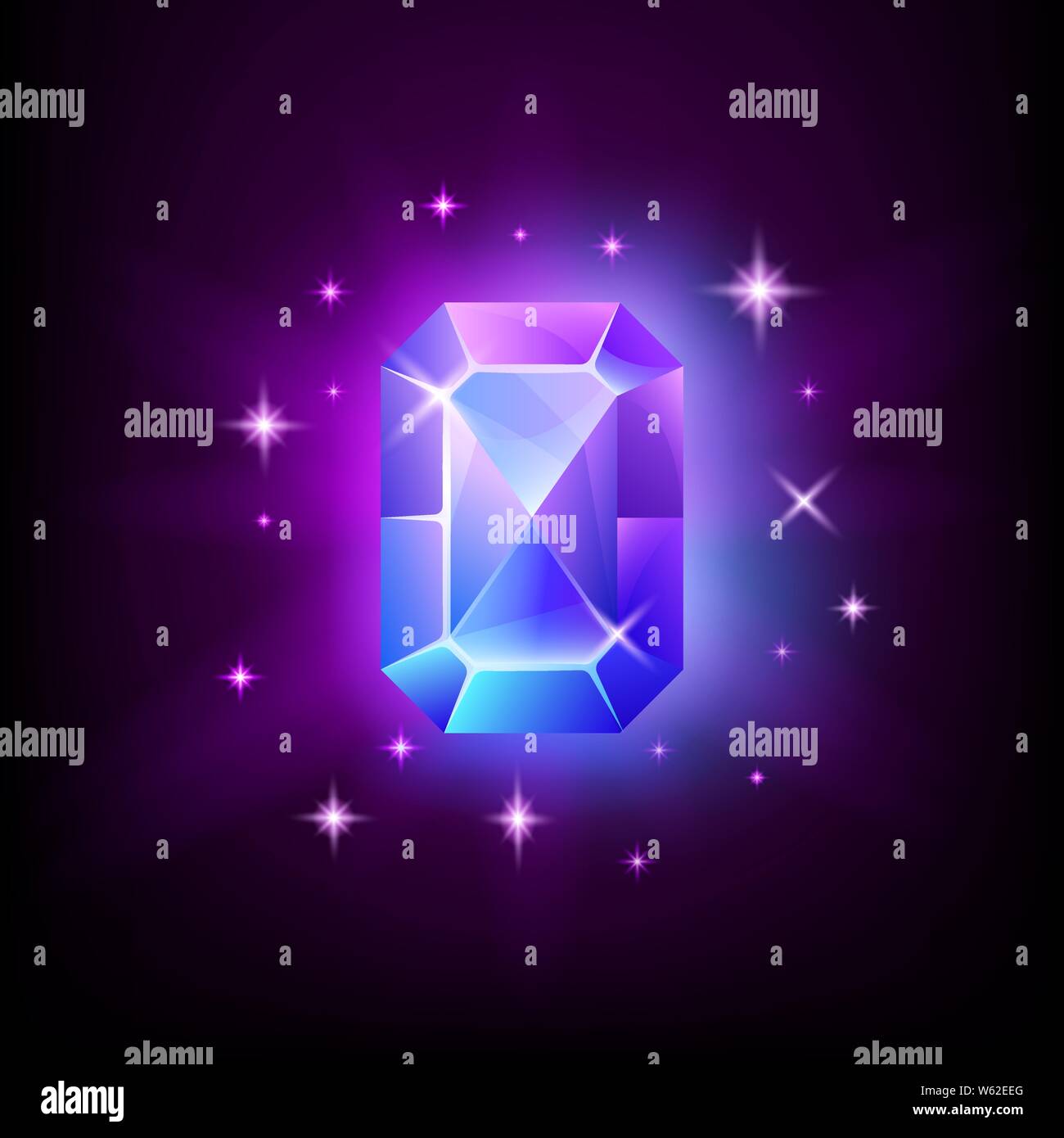 Rectangular blue shining gemstone with magical glow and stars on dark ...