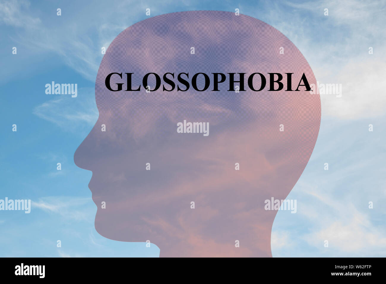 Render illustration of GLOSSOPHOBIA title on head silhouette, with ...