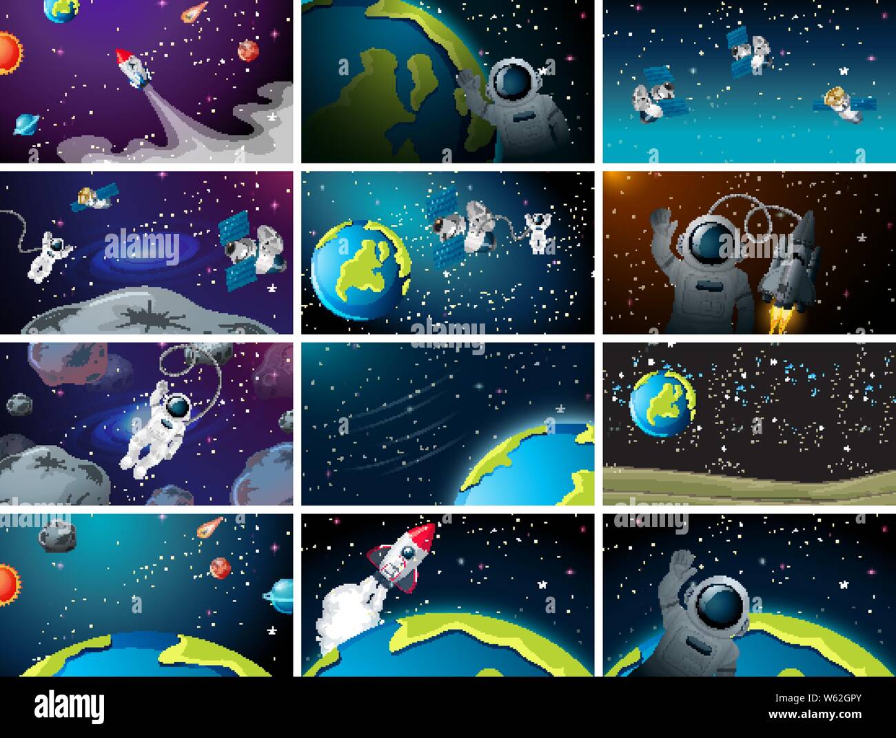Large set of different space scenes illustration Stock Vector Image ...