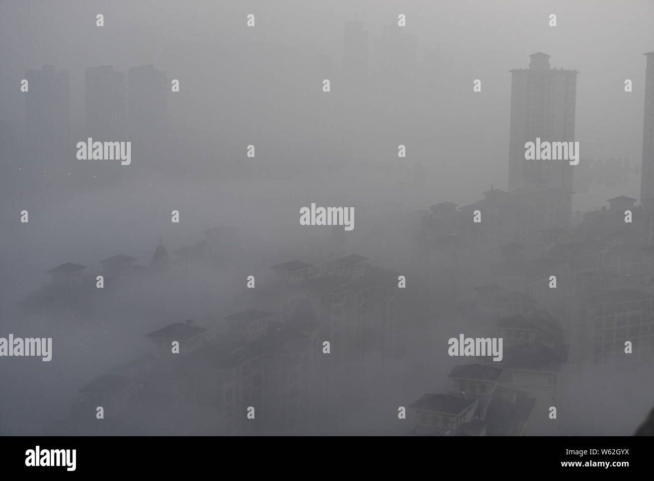 Cityscape of high-rise buildings and skyscrapers shrouded in sea of ...