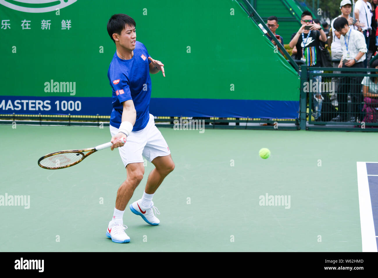 Japanese tennis player Kei Nishikori takes part in a training session ...