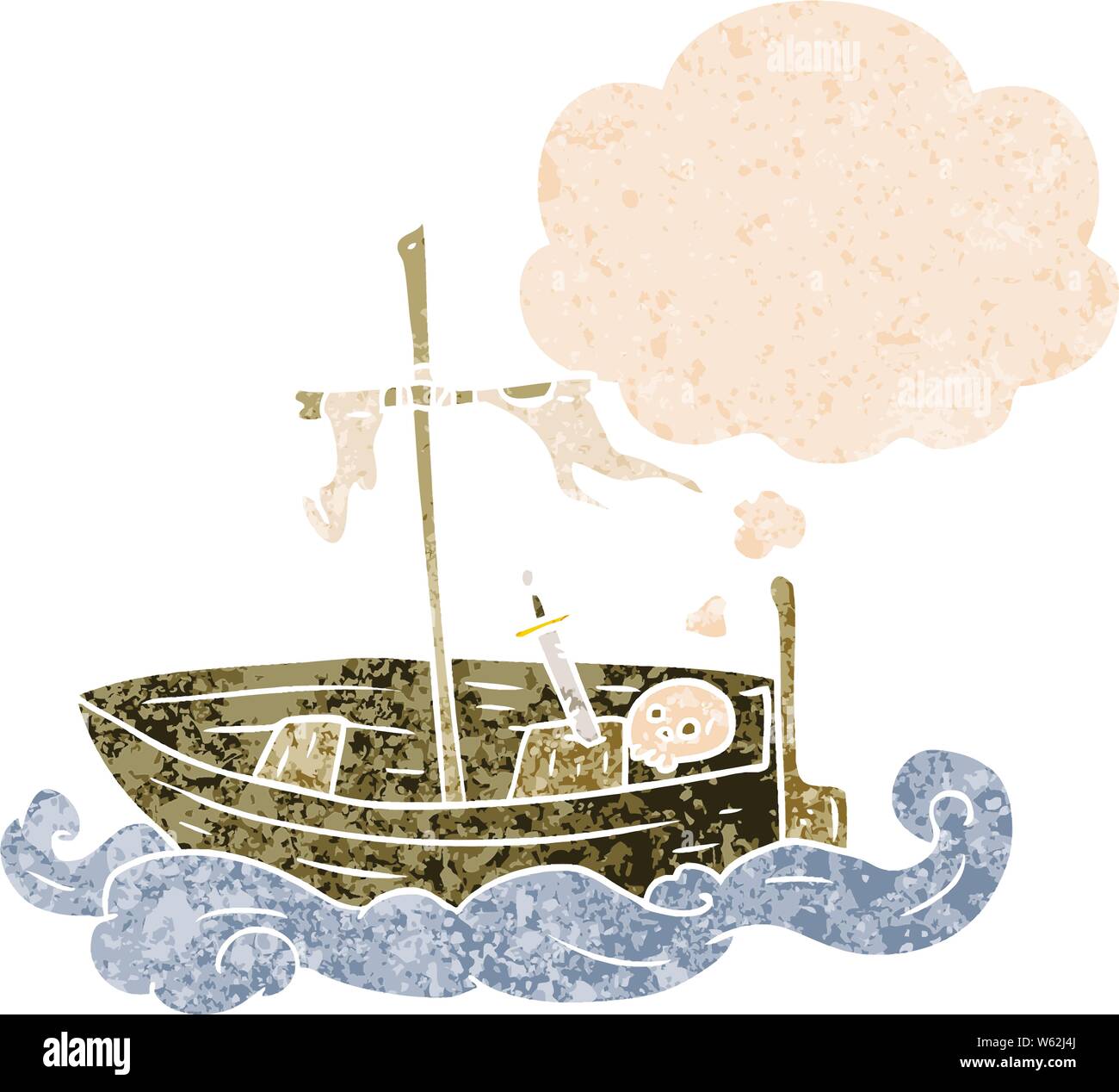 cartoon old boat with thought bubble in grunge distressed retro ...