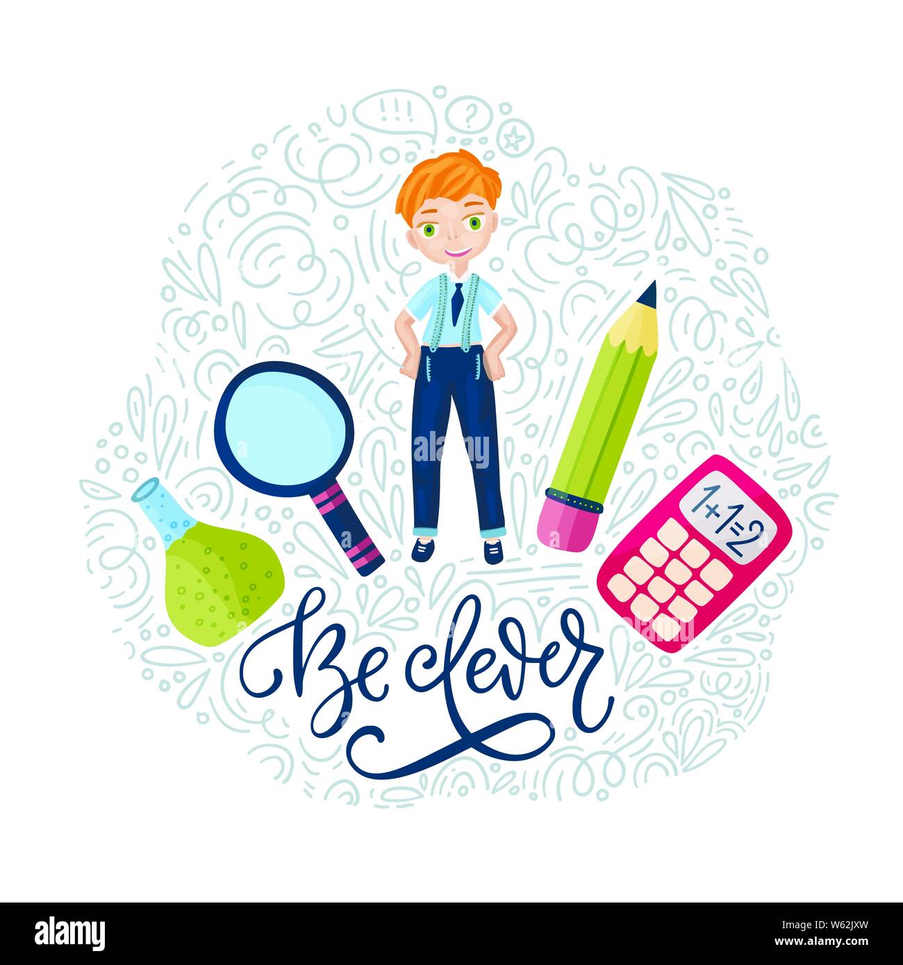 Vector school card with flat and doodle illustrations and hand drawn ...