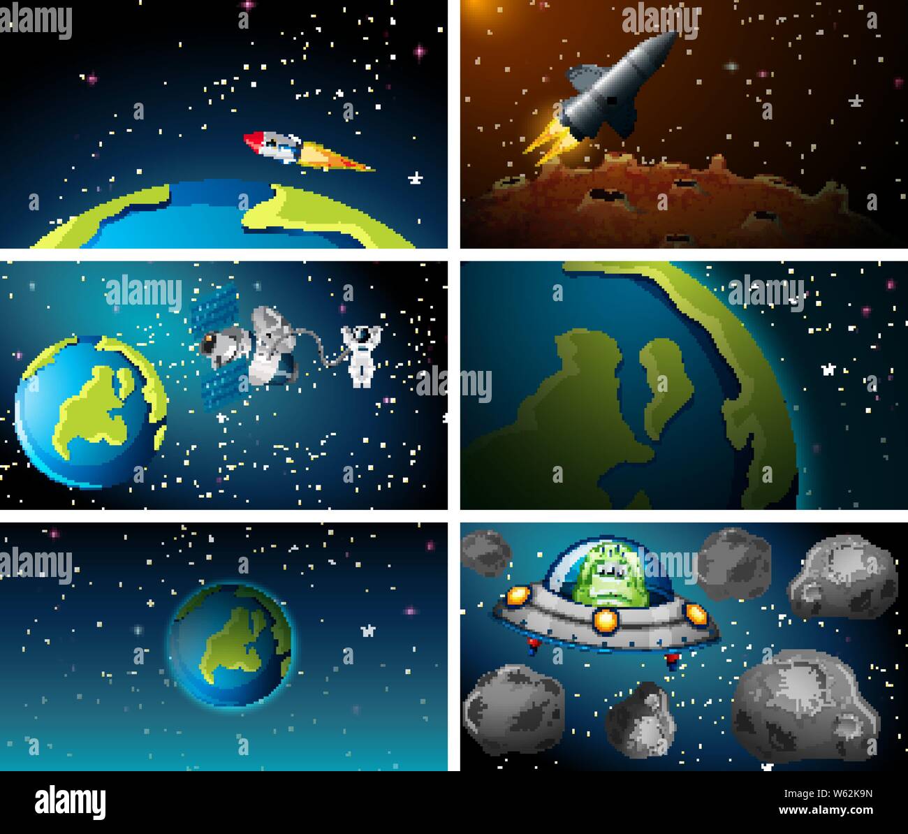 Large set of earth and rocket scene illustration Stock Vector Image ...