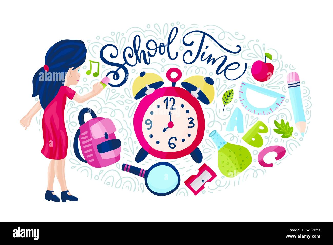 Vector school card with flat and doodle illustrations and hand drawn ...