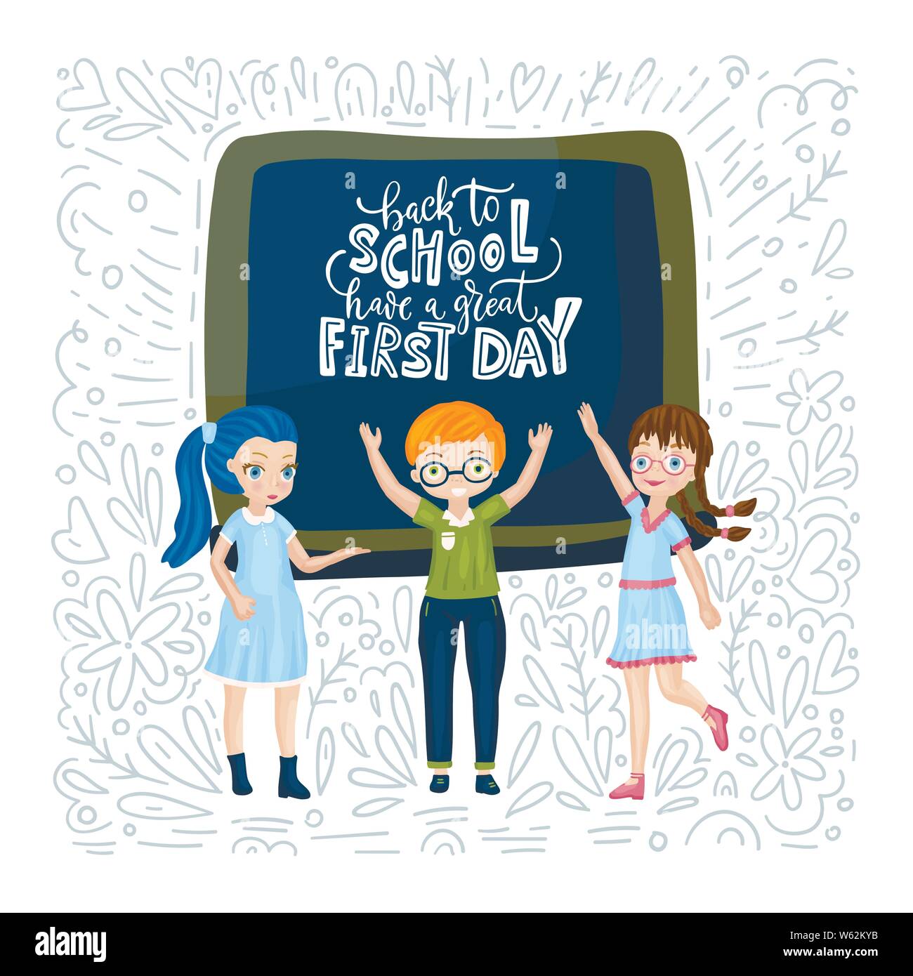 Vector school card with flat and doodle illustrations and hand drawn ...