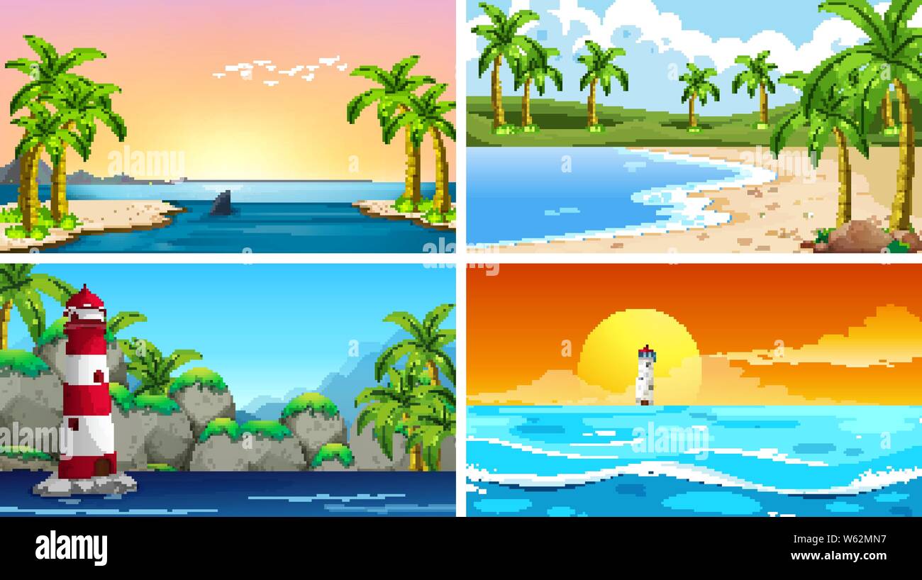 Set of tropical ocean nature scenes with beaches illustration Stock ...