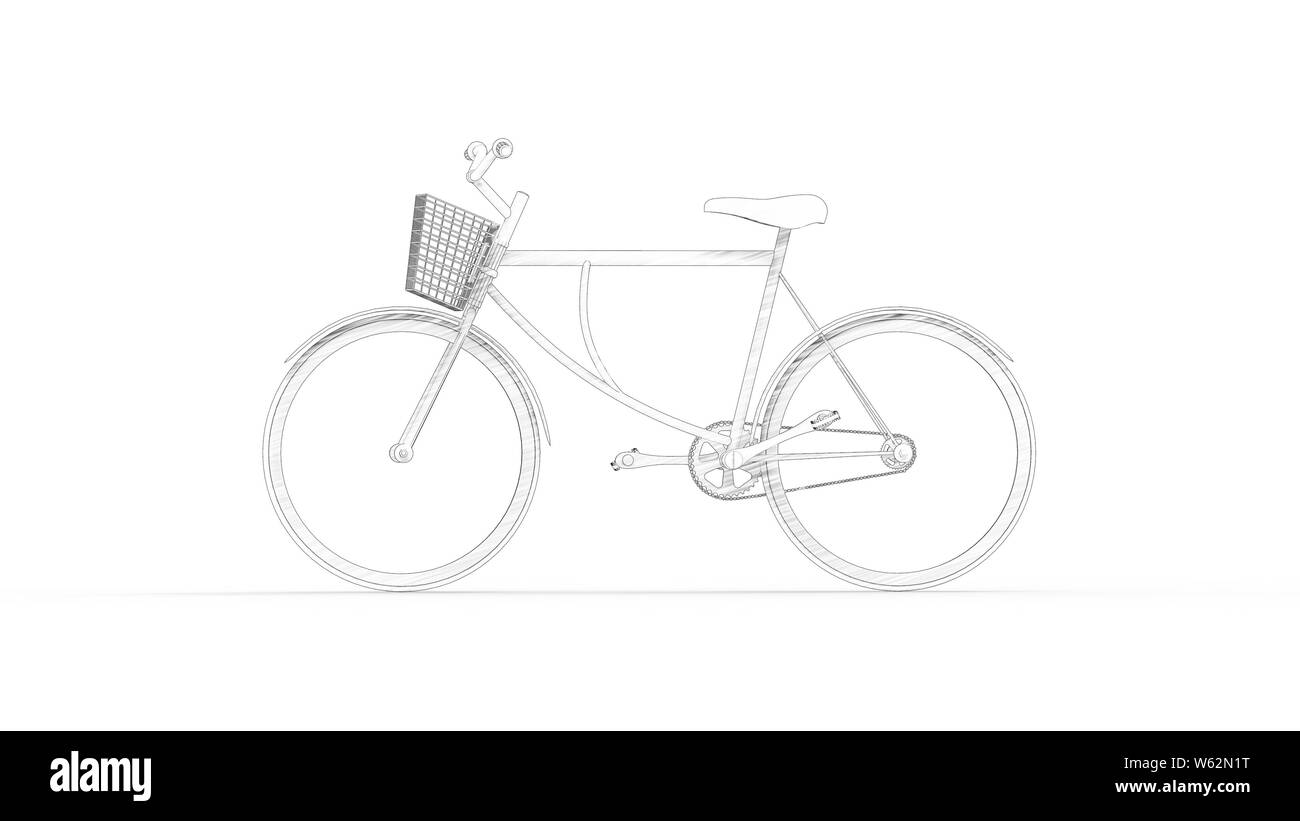 3D rendering line drawing sketch of a bicycle isolated in studio white ...