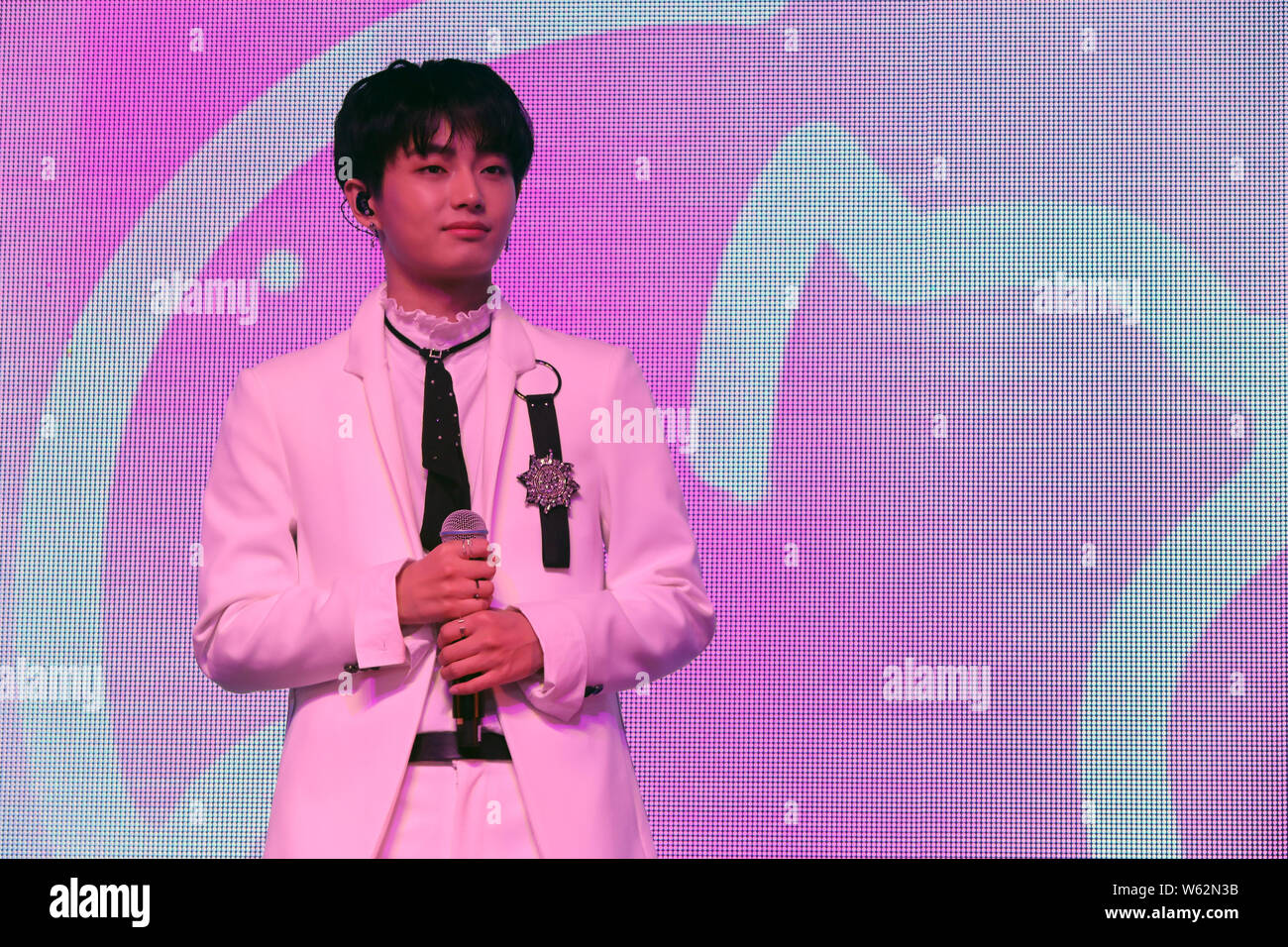 Jin Longguo of South Korean boy band JBJ performs during a fan meeting event in Hong Kong, China ...