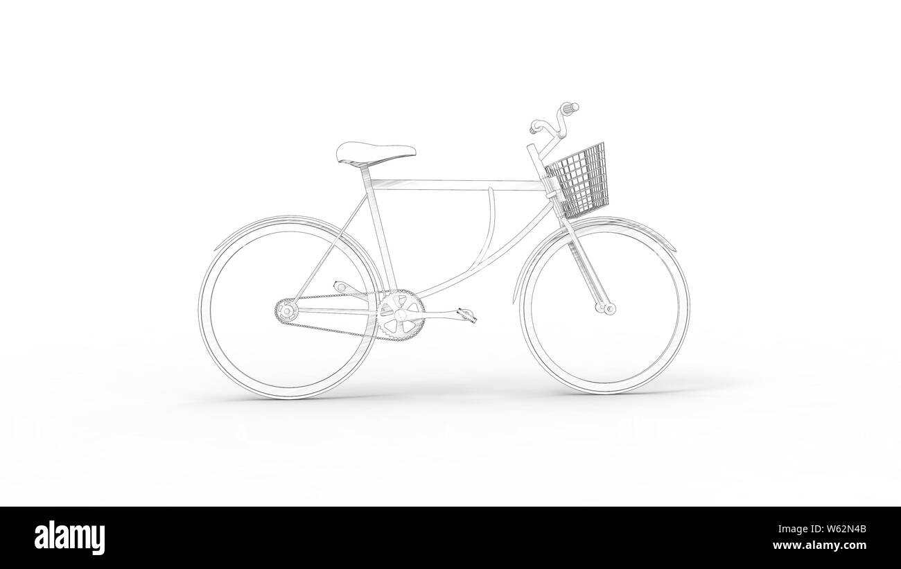 3D rendering line drawing sketch of a bicycle isolated in studio white ...