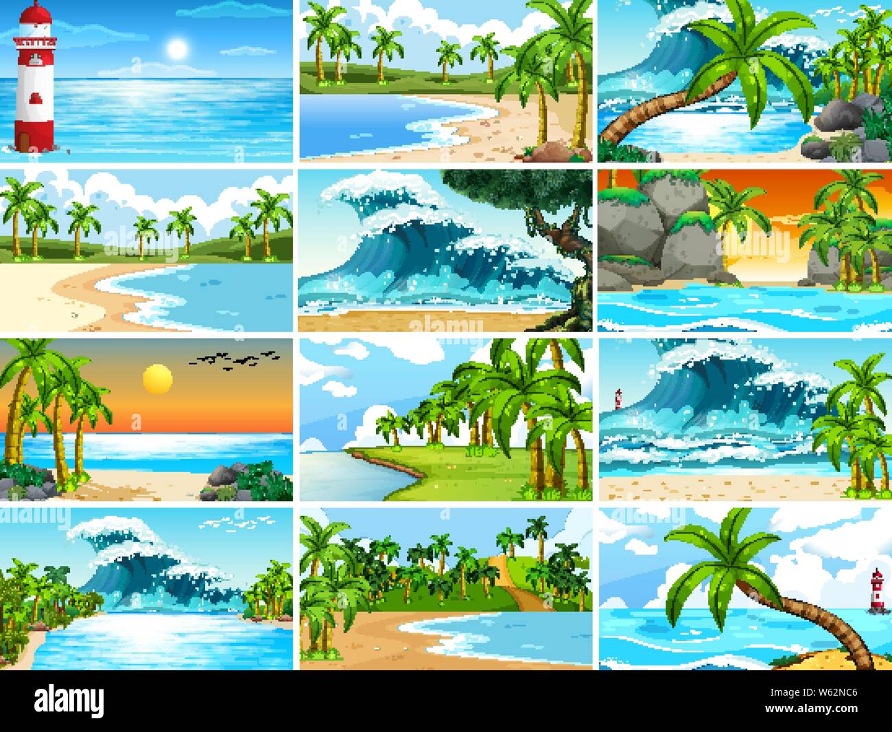 Set of tropical ocean nature scenes with beaches illustration Stock ...