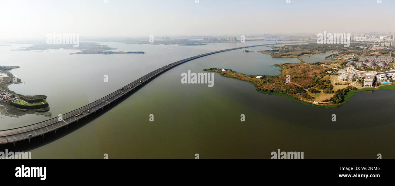 Aerial view of the Houguanhu Bridge, China's longest lake-crossing ...