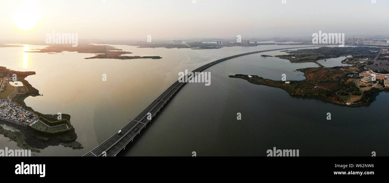 Aerial view of the Houguanhu Bridge, China's longest lake-crossing ...