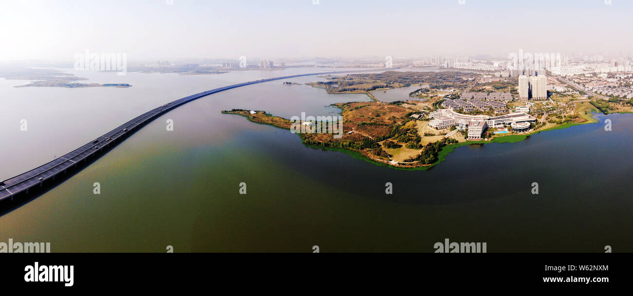 Aerial view of the Houguanhu Bridge, China's longest lake-crossing ...