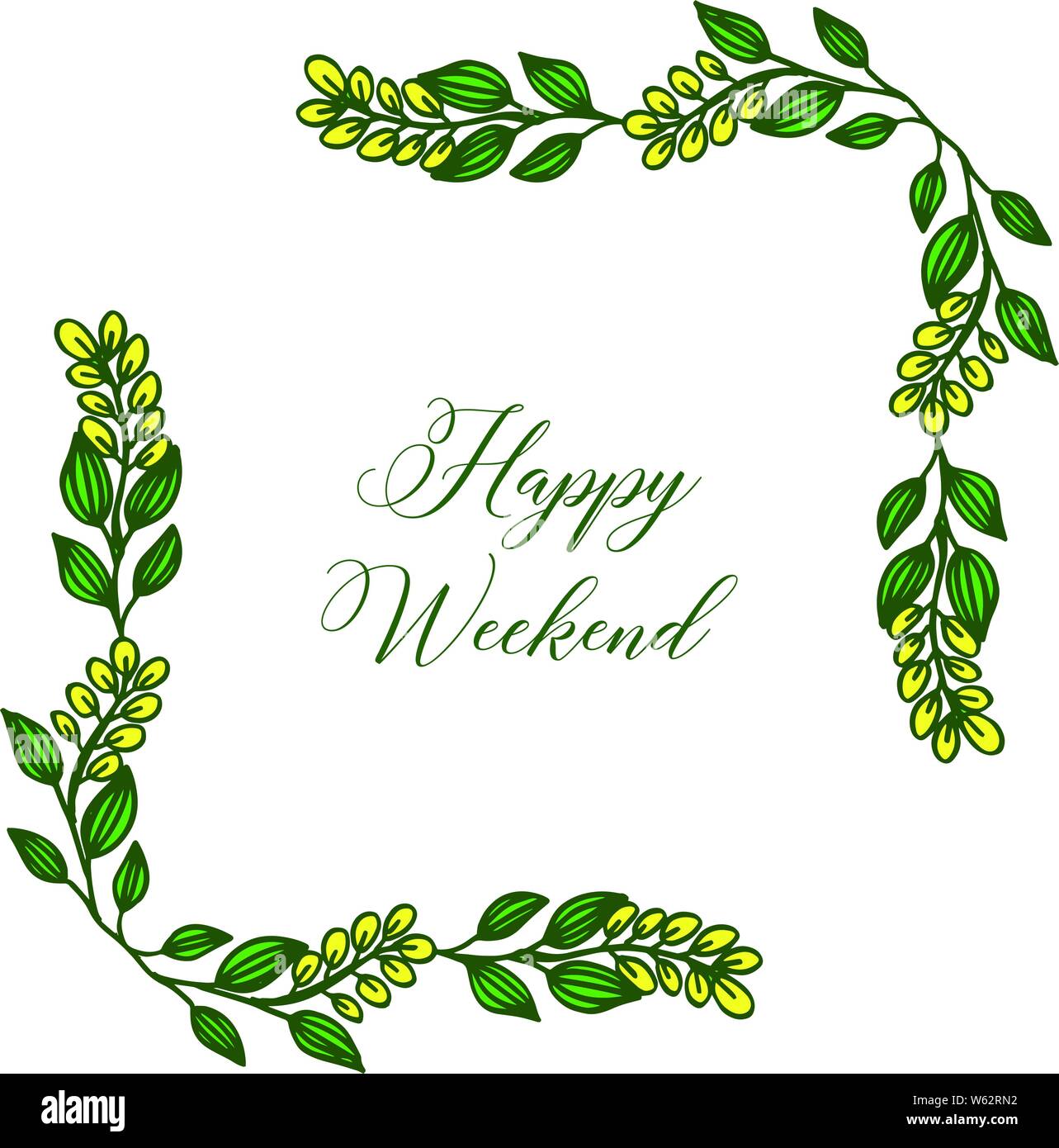 Bright green leafy flower frame, happy weekend handwritten text ...