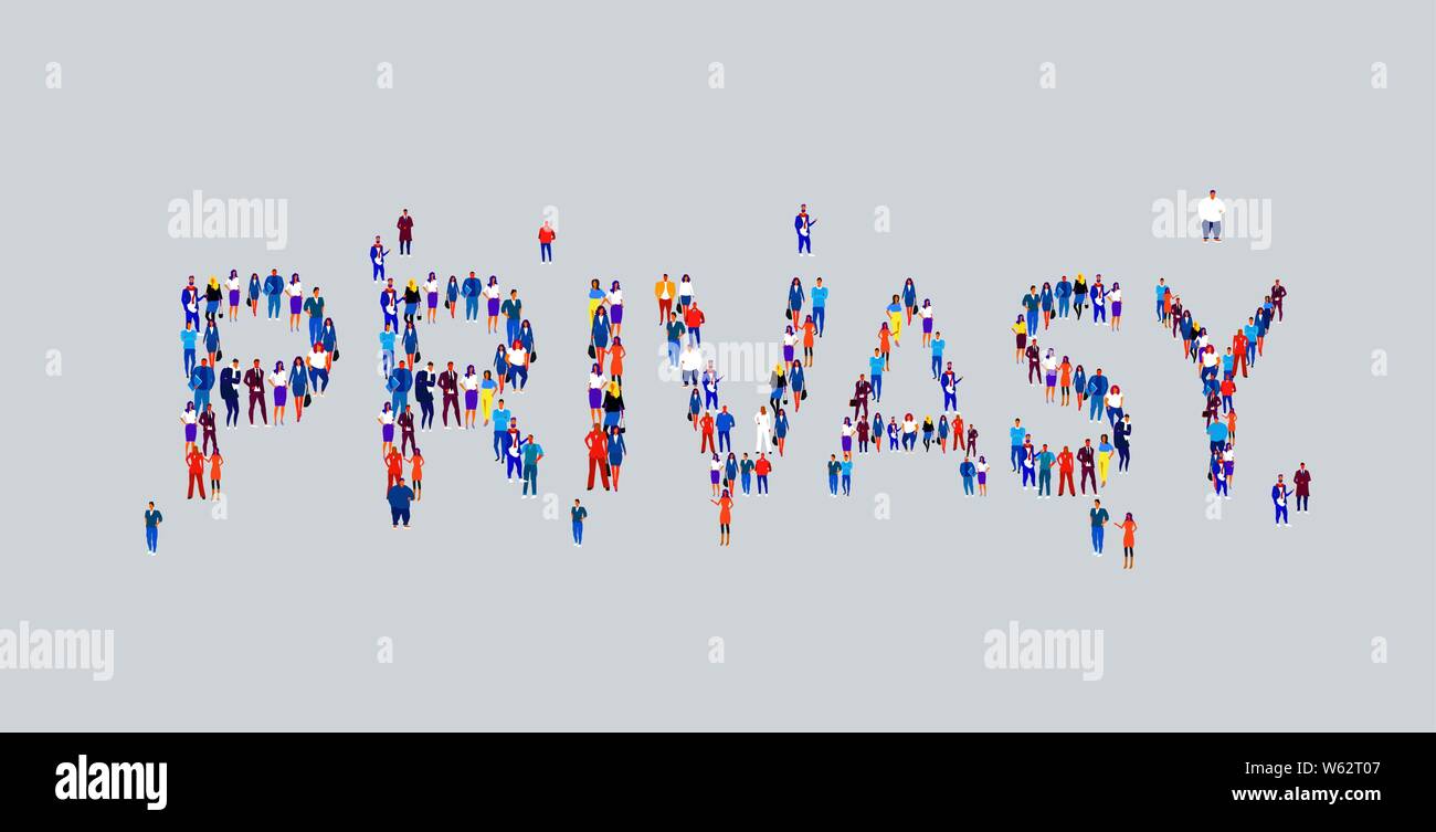 businesspeople crowd gathering in shape of privacy word different ...