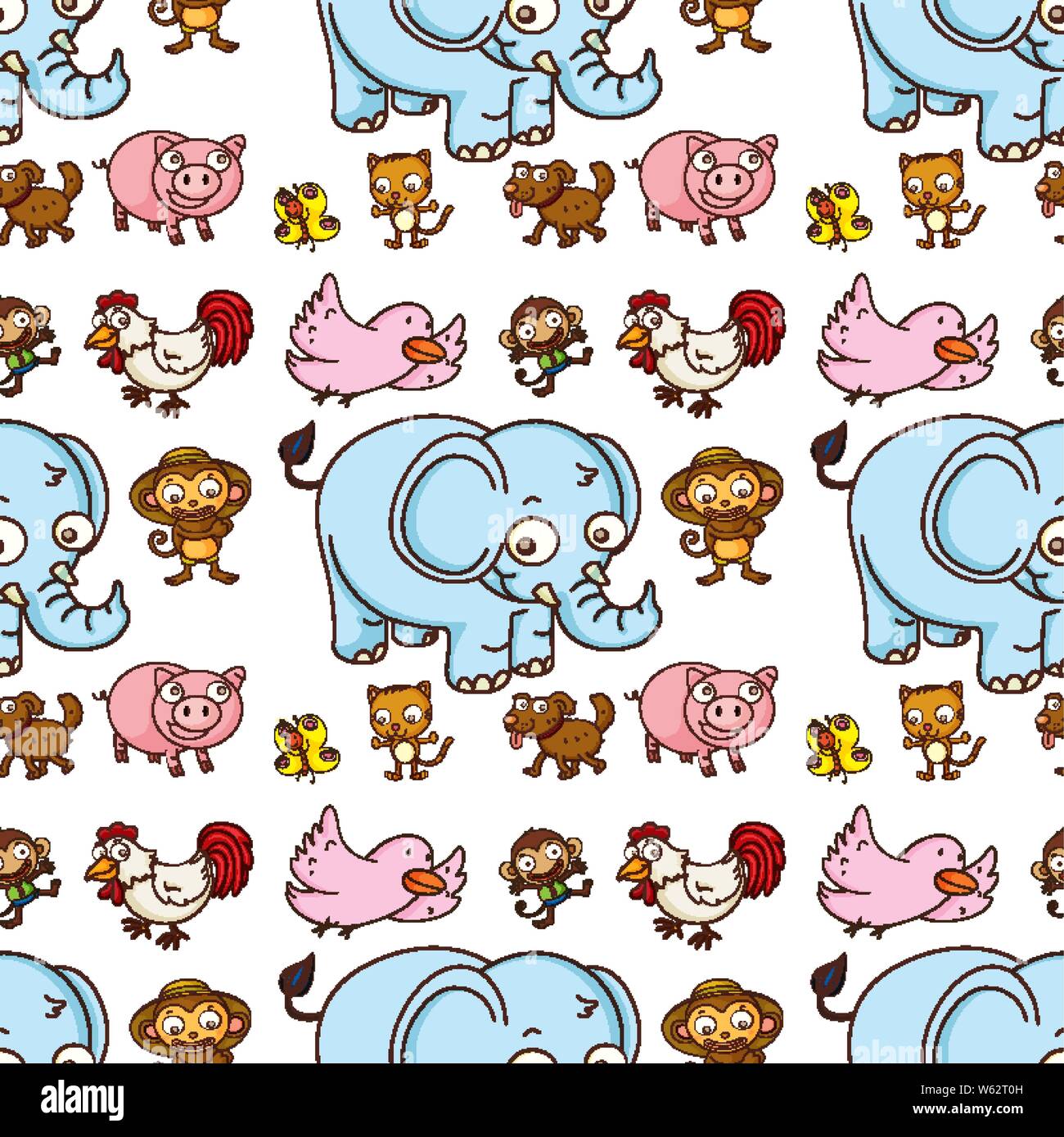Seamless pattern tile cartoon with elephant, pig, chicken and monkey ...