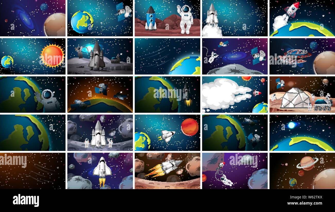 Large set of different space scenes illustration Stock Vector Image ...