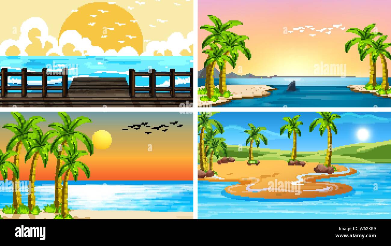 Set of tropical ocean nature scenes with beaches illustration Stock ...