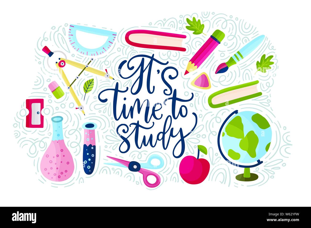 Vector school card with flat and doodle illustrations and hand drawn ...