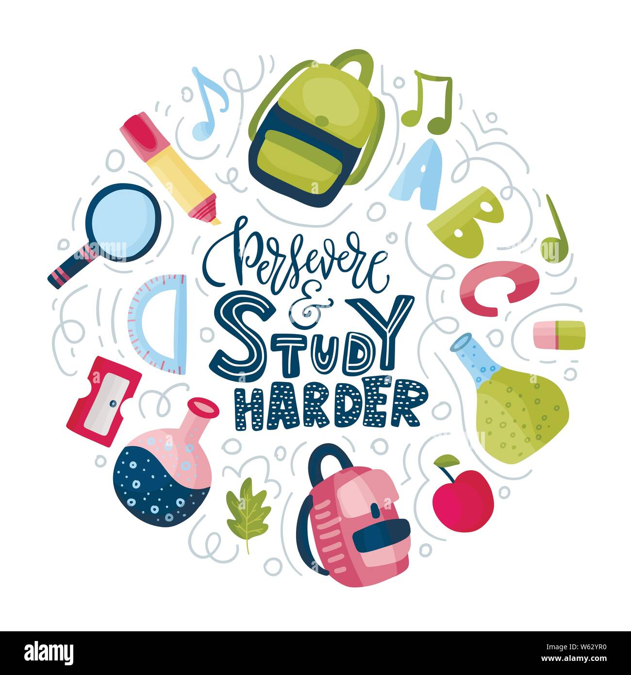 Vector school card with flat and doodle illustrations and hand drawn ...
