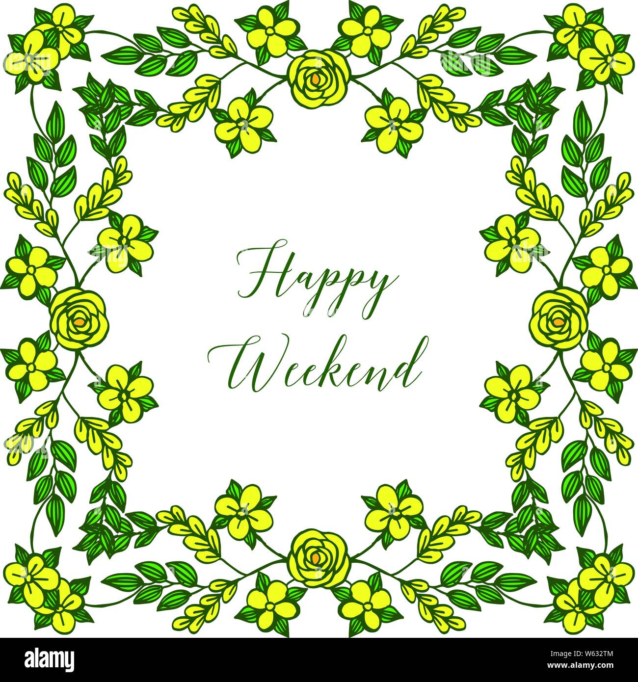 Decorative of invitation of happy weekend for shape yellow floral frame ...