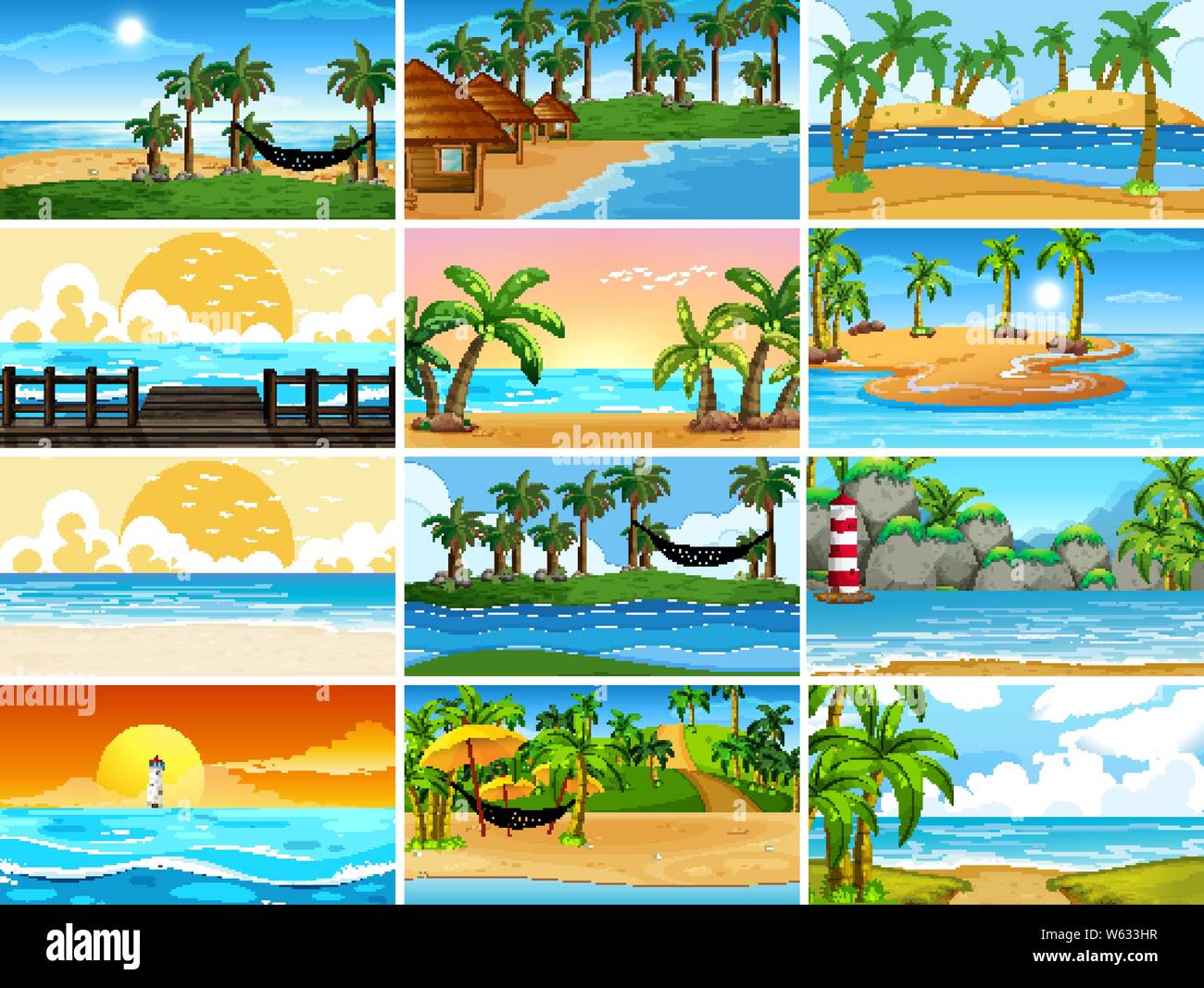 Set of tropical ocean nature scenes with beaches illustration Stock ...