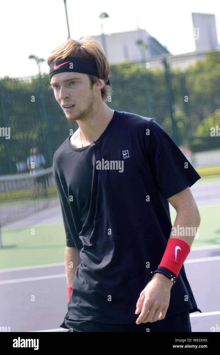Russian tennis player Andrey Rublev takes part in a training session in ...