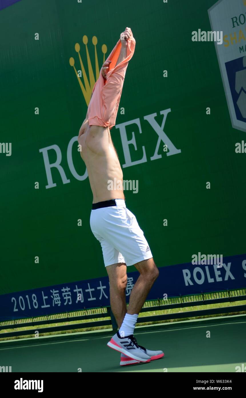 French tennis player Gilles Simon takes part in a training session in ...
