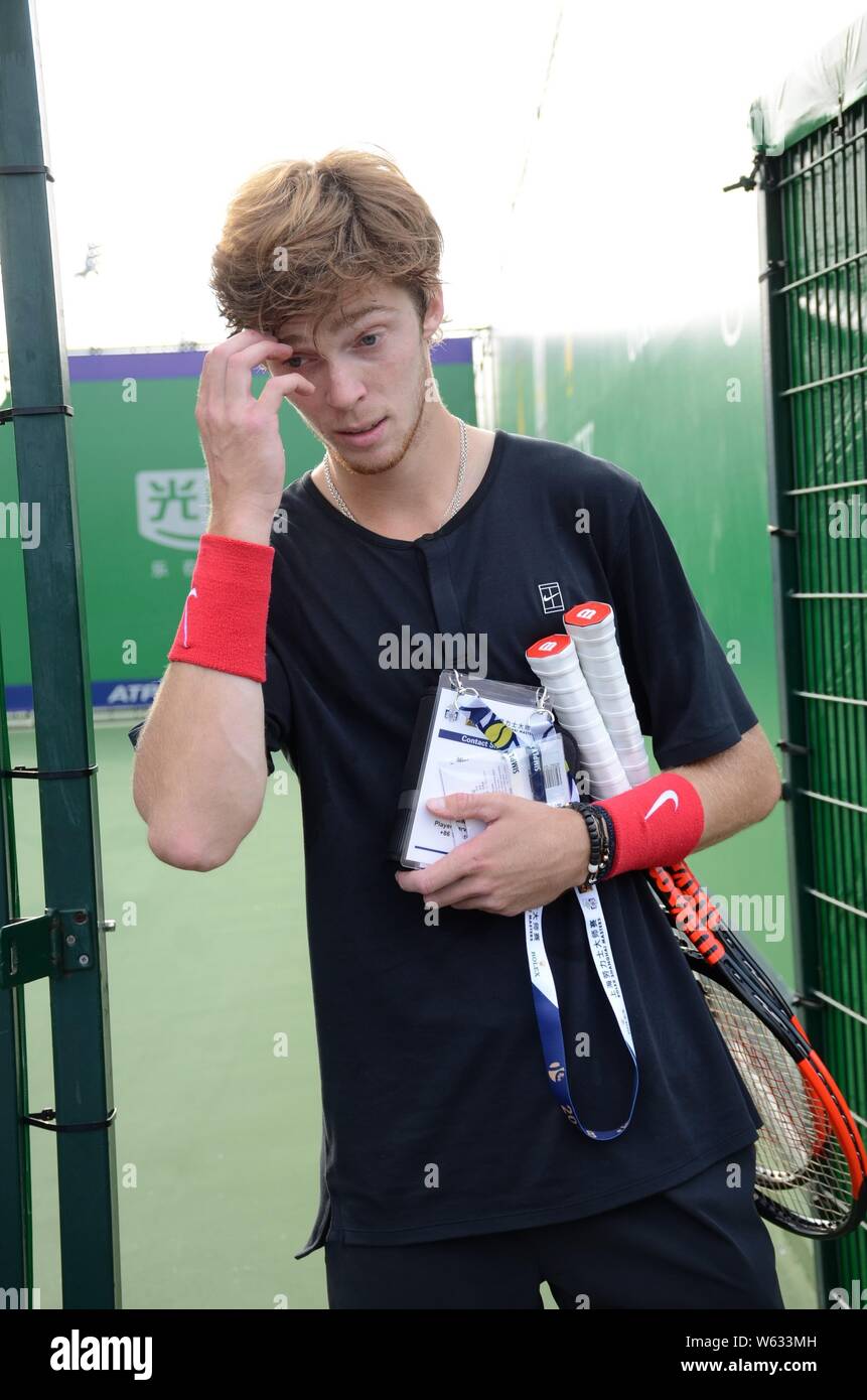 Russian tennis player Andrey Rublev takes part in a training session in ...