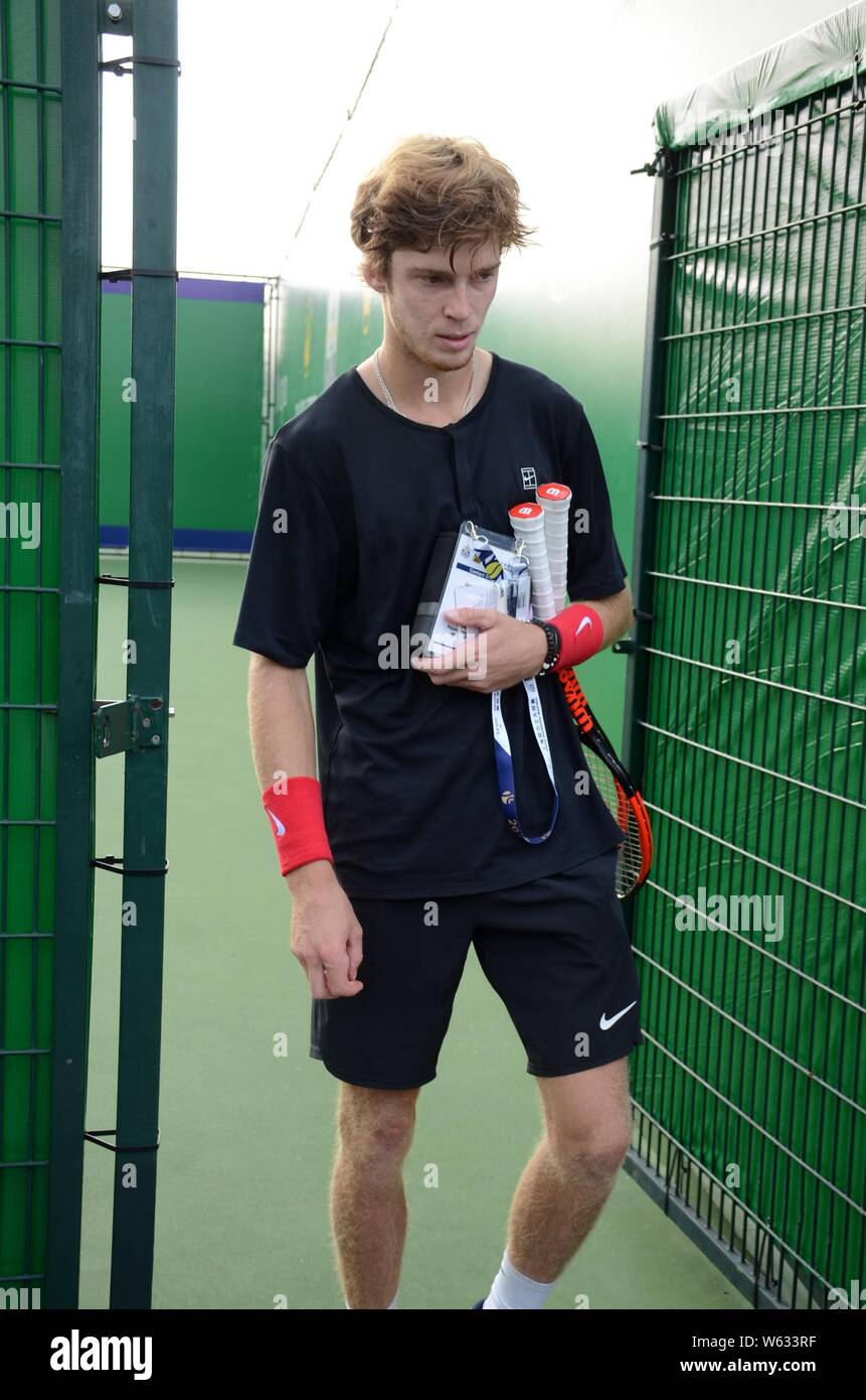 Russian tennis player Andrey Rublev takes part in a training session in ...