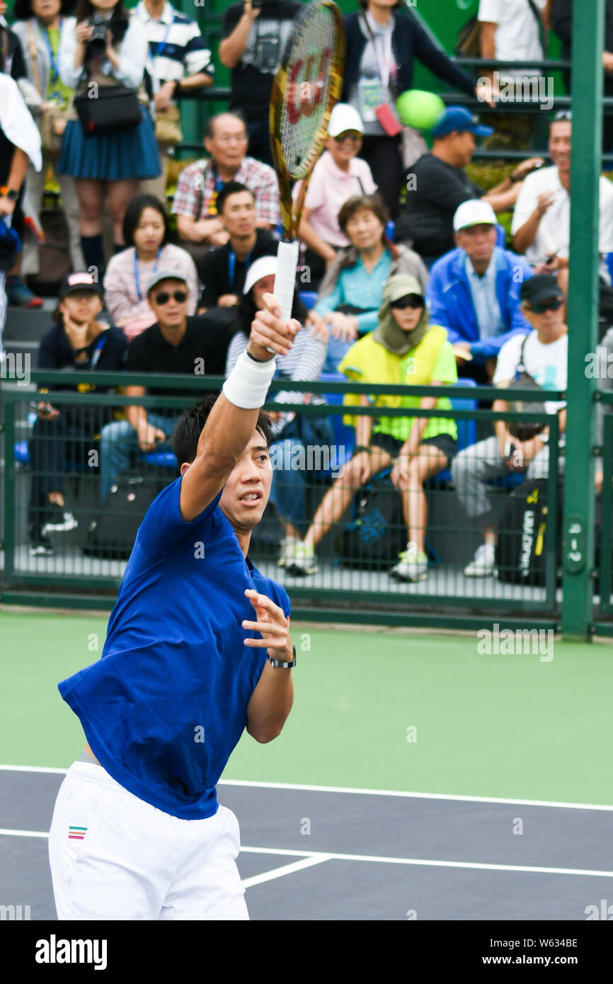 Japanese tennis player Kei Nishikori takes part in a training session ...