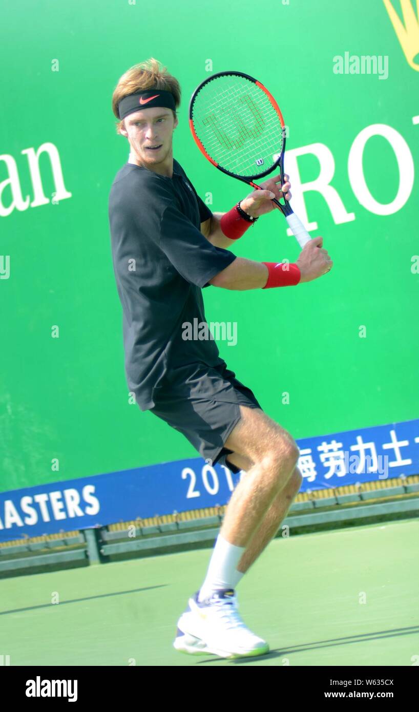 Russian tennis player Andrey Rublev takes part in a training session in ...