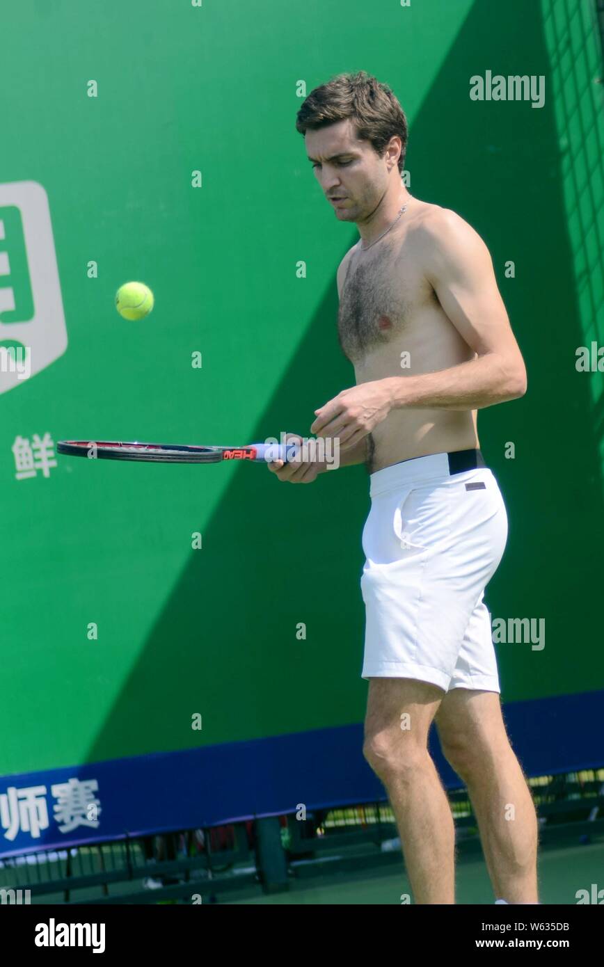 French tennis player Gilles Simon takes part in a training session in ...