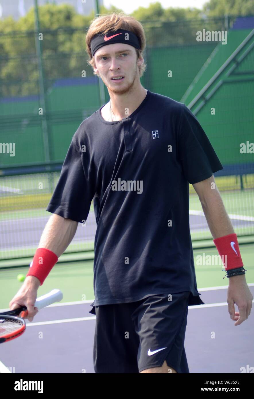 Russian tennis player Andrey Rublev takes part in a training session in ...