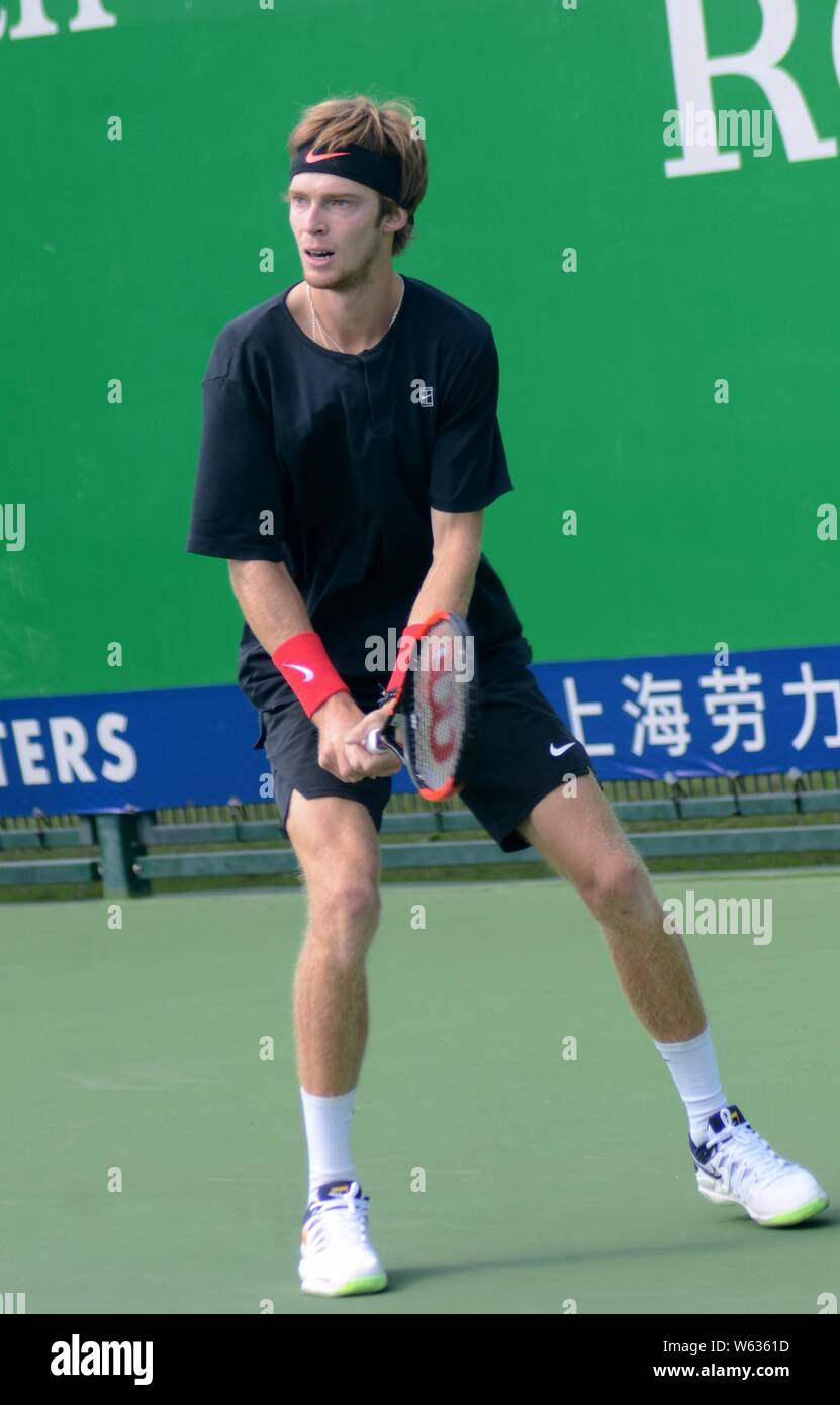 Russian tennis player Andrey Rublev takes part in a training session in ...