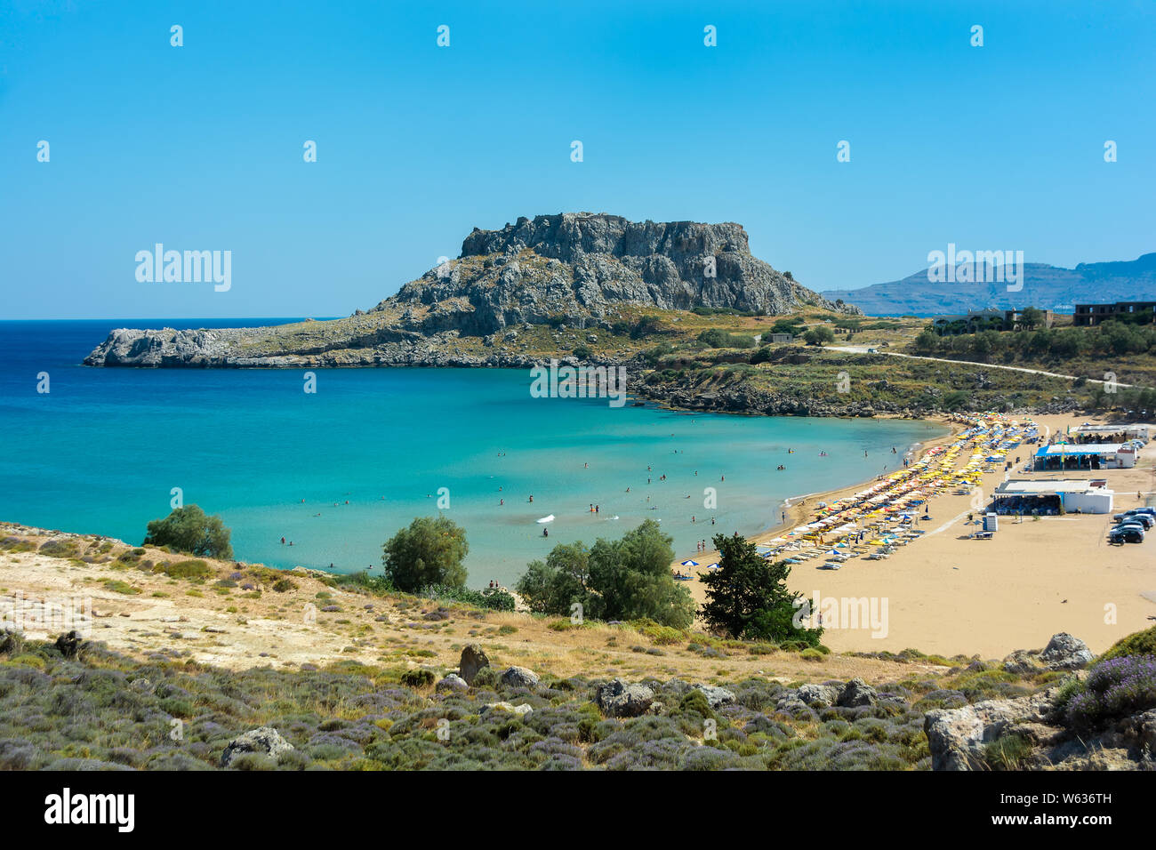 Agathi Beach Rhodes Greece Europe. Panorama with rocks golden sand and ...