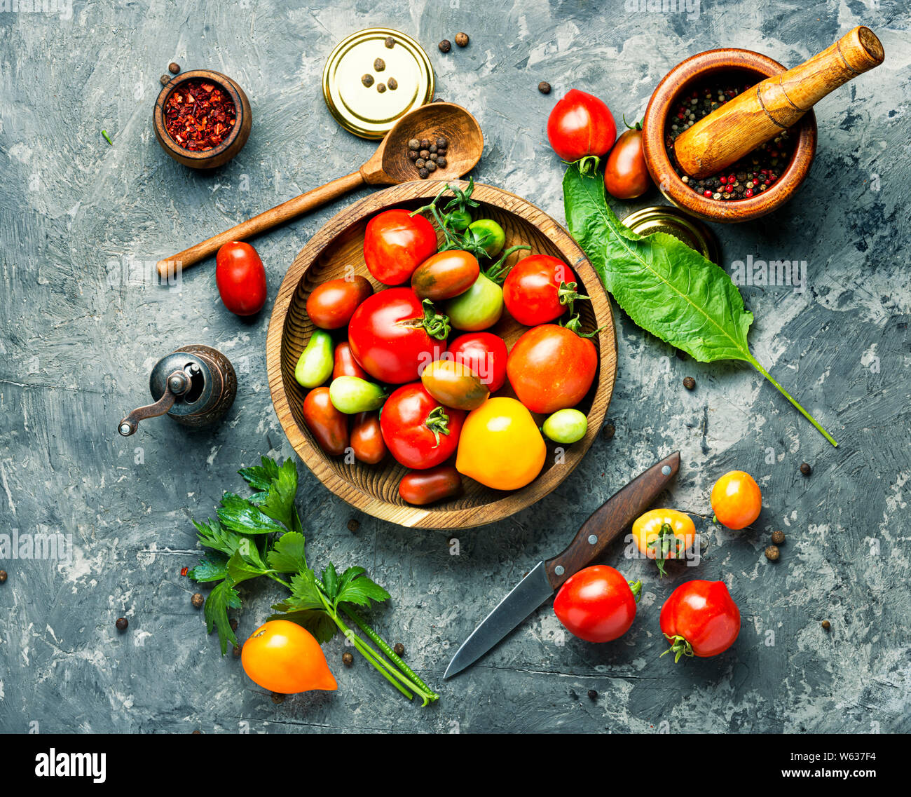 Marinated tomatoes with spices.Canning tomatoes.Pickling of ripe ...