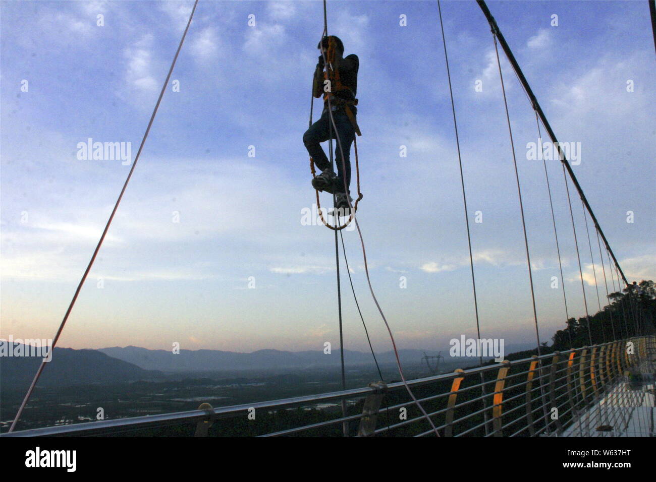 "Spider-Man" workers check on Guangdong's longest glass-bottomed bridge ...