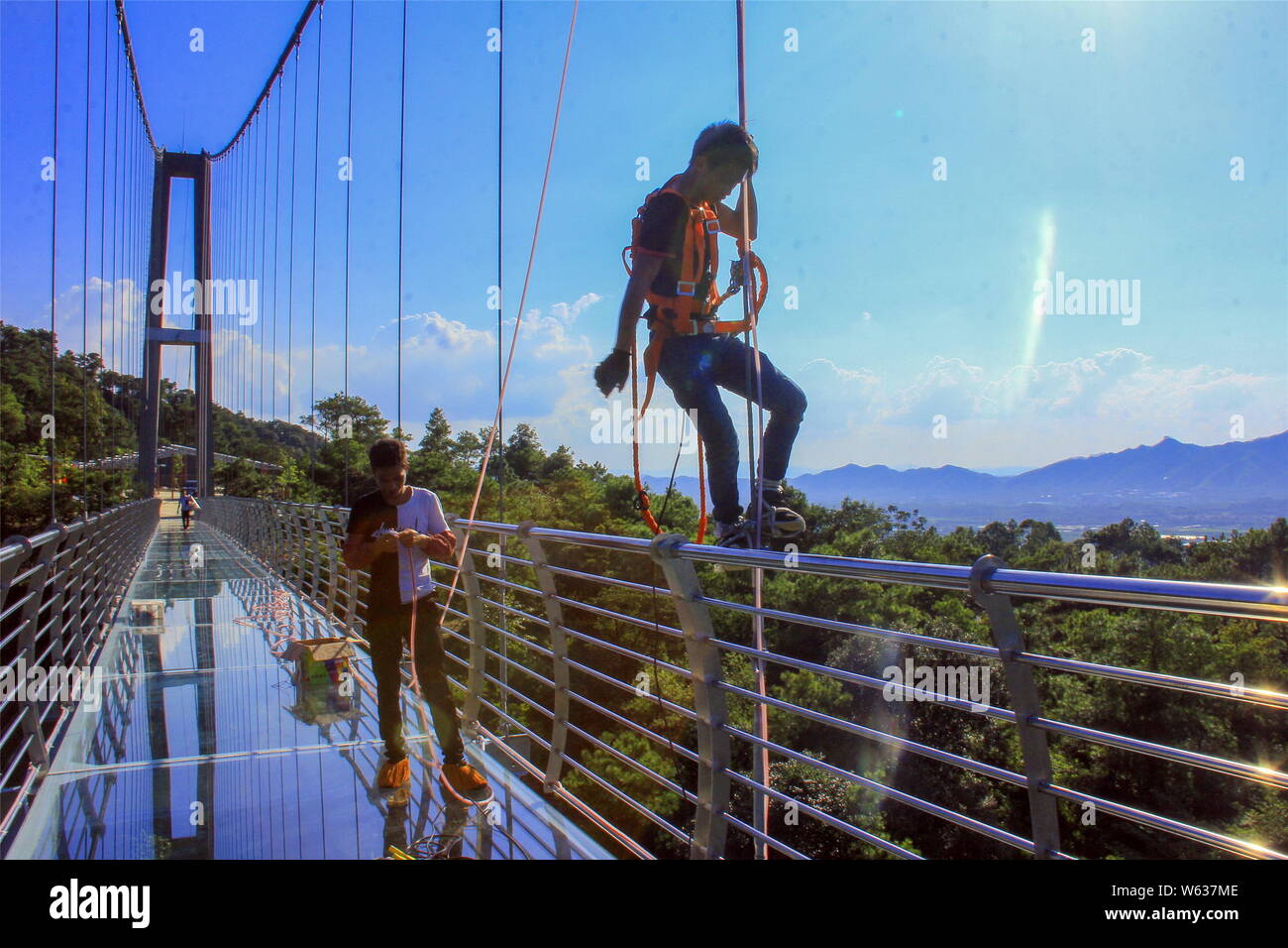"Spider-Man" workers check on Guangdong's longest glass-bottomed bridge ...