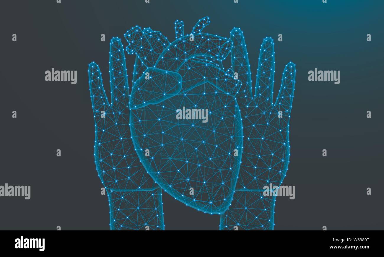 Hands and human heart low poly design, human organ in polygonal style ...