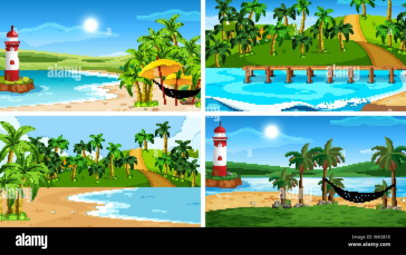 Set of tropical ocean nature scenes with beaches illustration Stock ...