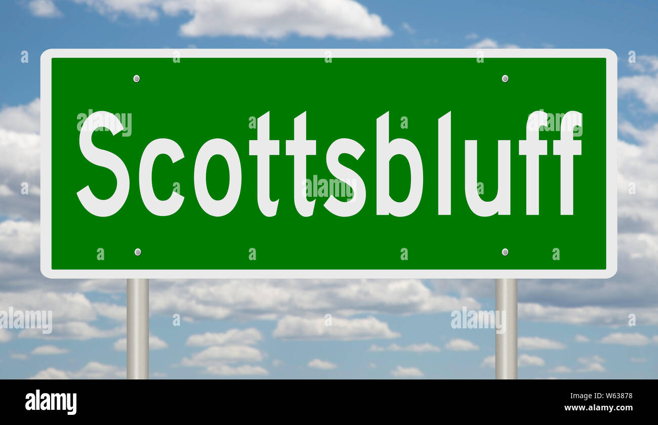 Rendering of a green highway sign for Scottsbluff Nebraska Stock Photo ...