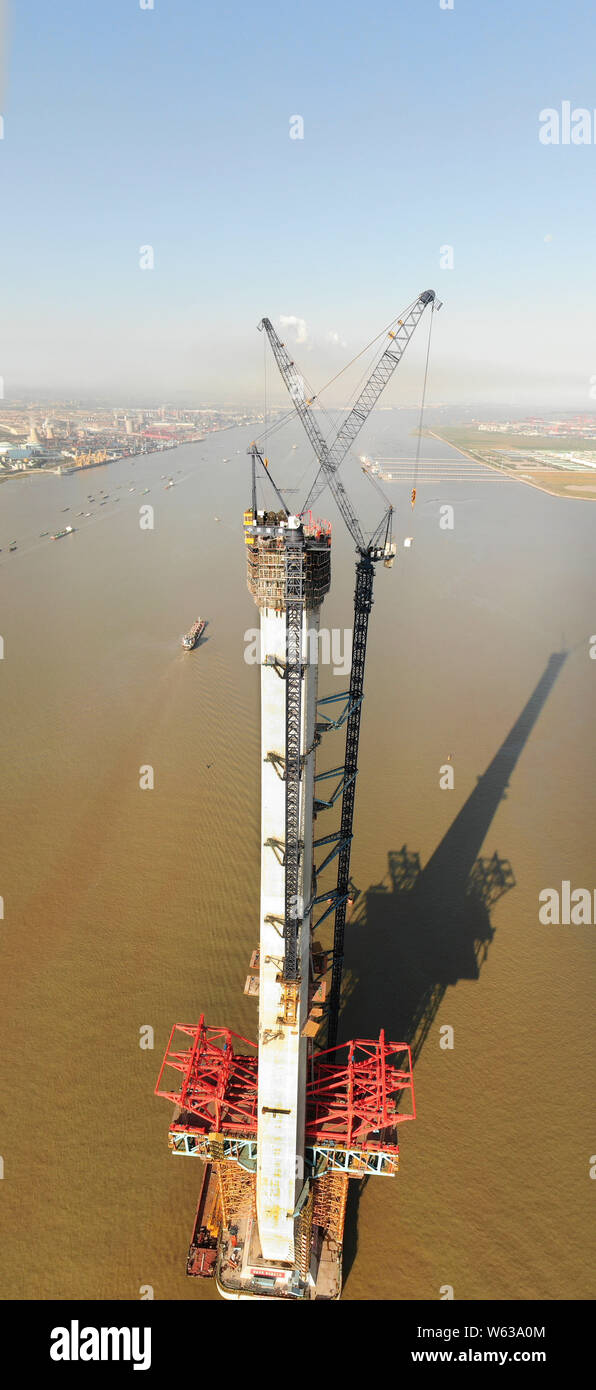 Aerial view of the construction site of the No.28 main pier of the ...