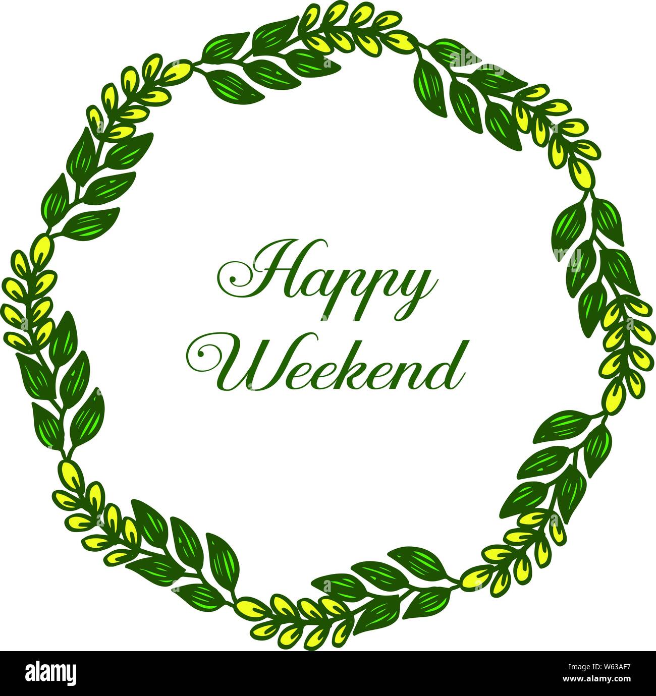 Bright green leafy flower frame, happy weekend handwritten text ...